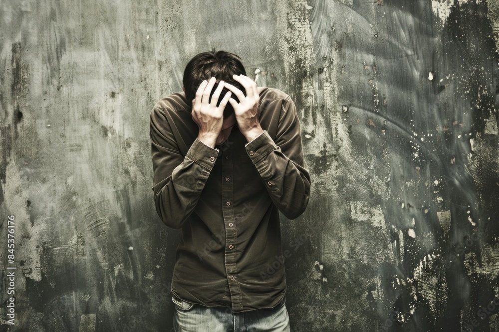 Person standing against a grunge backdrop holds their head in despair ...