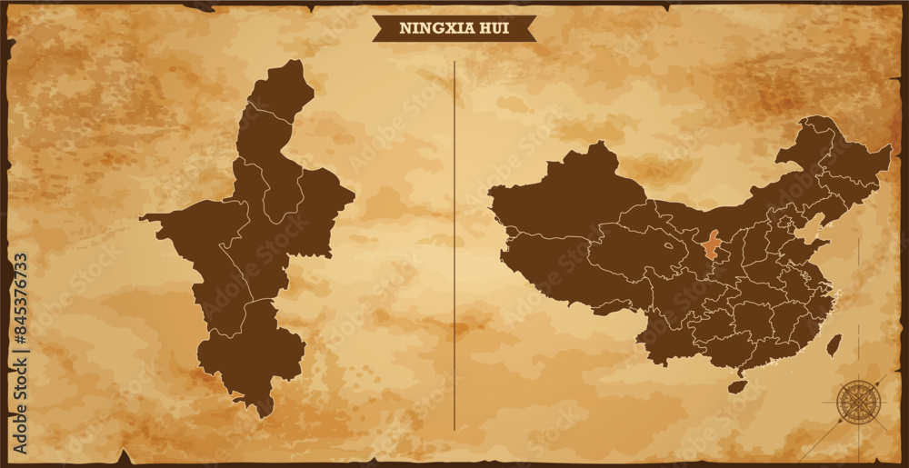 Ningxia state map, China map with federal states in A vintage map based ...