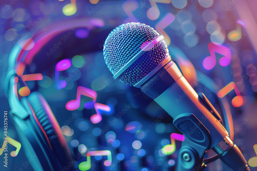 Microphone and headphones with colorful music notes, perfect for music ...