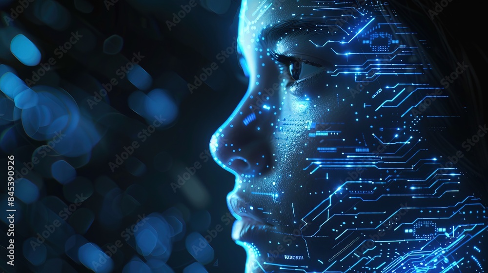 The silhouette of a human face is seen from the side with glowing blue ...