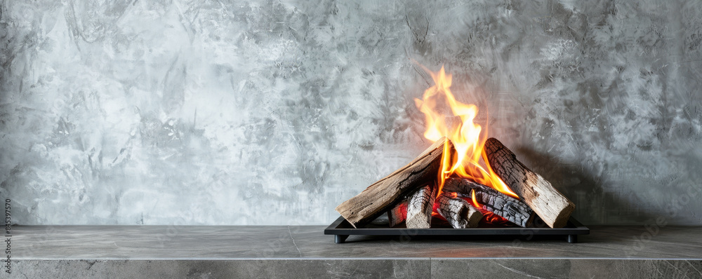 Modern fireplace with burning firewood on a gray concrete background. A ...