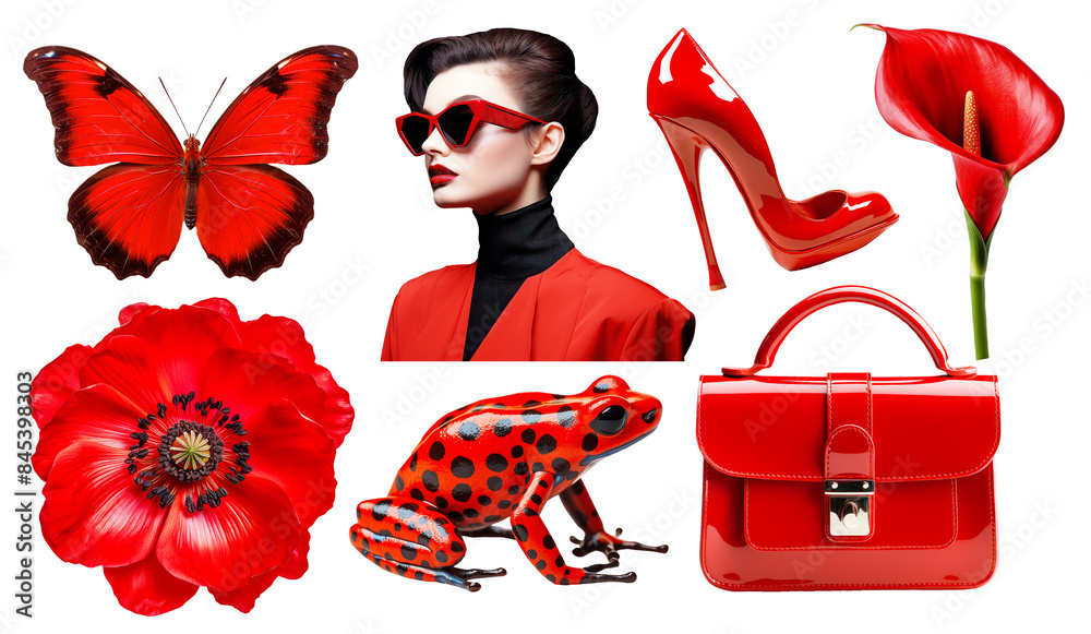 Set of red fashion outfit model and objects on png background. Ideal ...