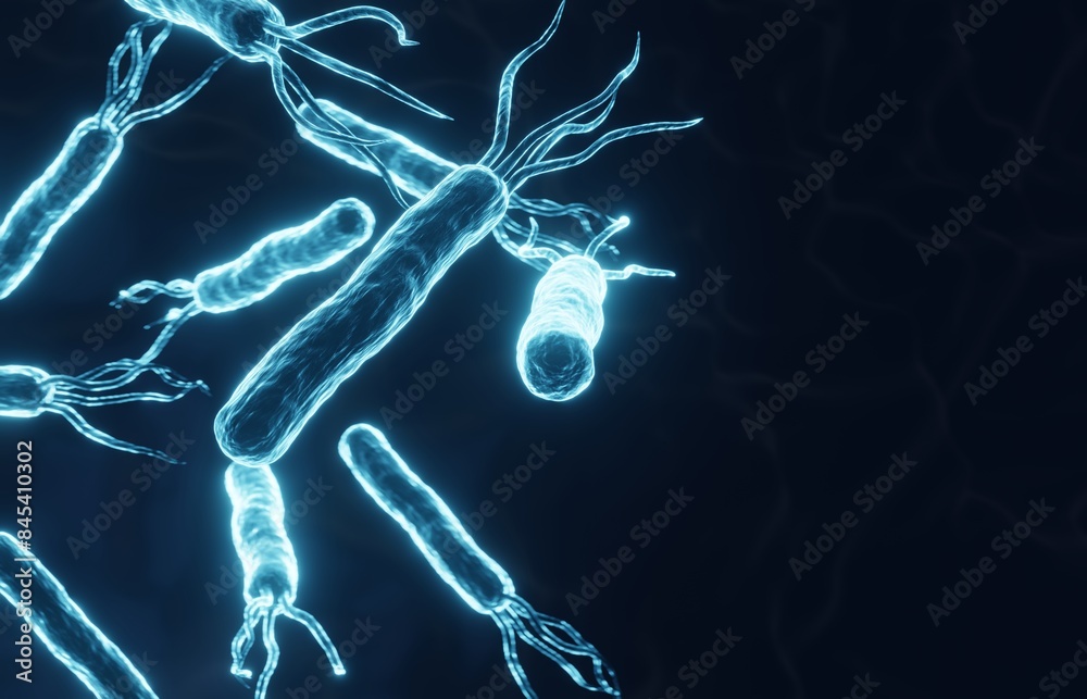 Glowing helicobacter pylori bacteria cells on dark blue background ...