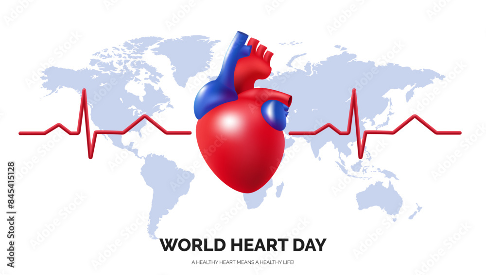 World Heart Day, a red 3d realistic heart symbolizes global health ...