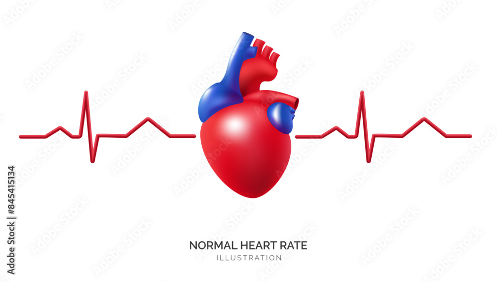 3D icon illustration of a human heart, and rate cardiology and ...