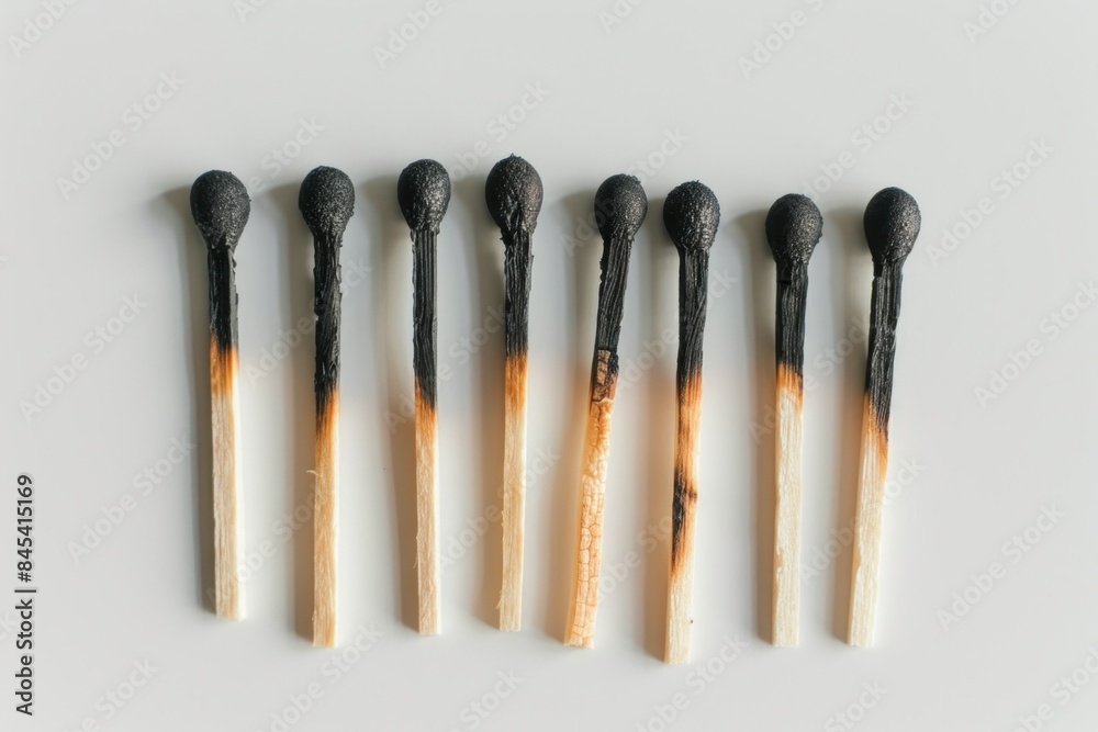Row of matchsticks on white surface with one black matchstick in the ...
