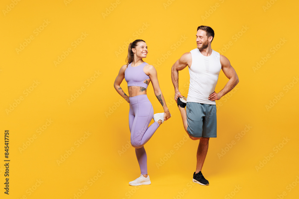 Full body young happy strong fitness trainer sporty two man woman wear ...