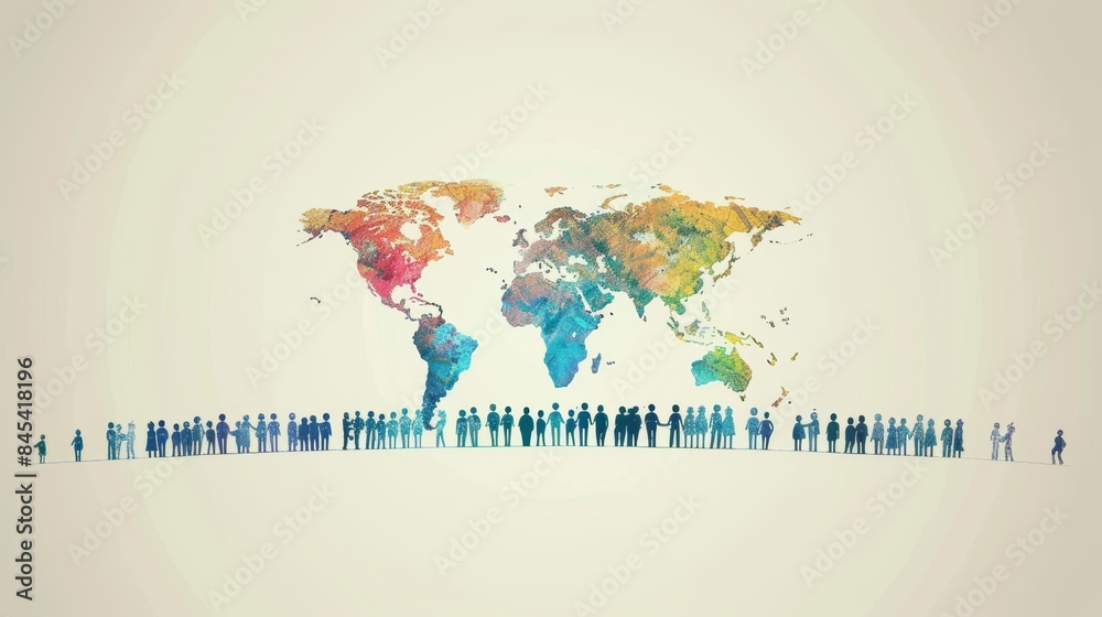 Artistic illustration of diverse people standing under a colorful world ...