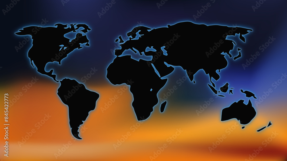 Black world map with backlight, color background. World map. Blue and ...