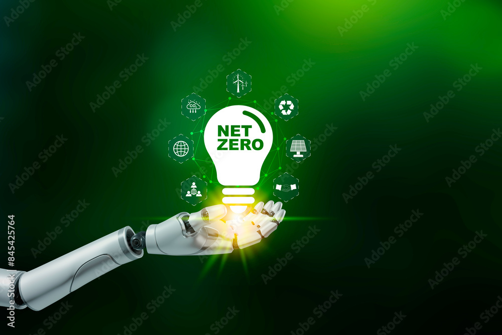 Net zero concept, Robot hand and business hand pointing green energy icon, Applying technology ...
