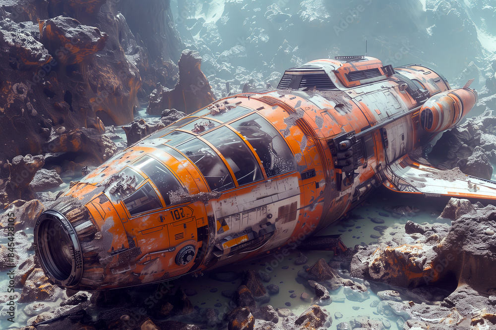 An abandoned alien spacecraft discovered deep within a remote asteroid field. Stock Illustration ...