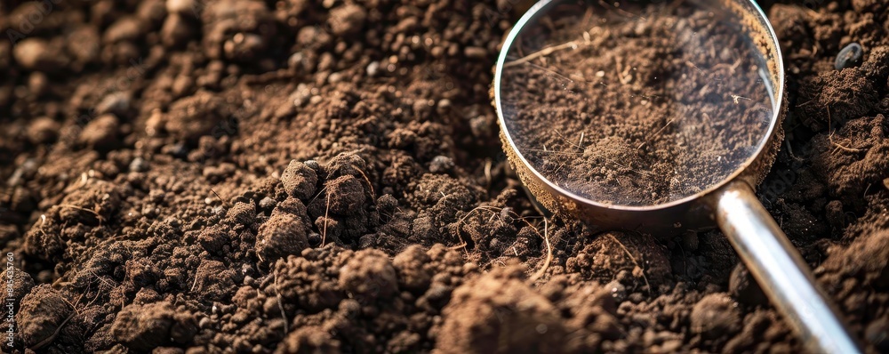 Magnifying glass over soil background. Soil structure and texture ...