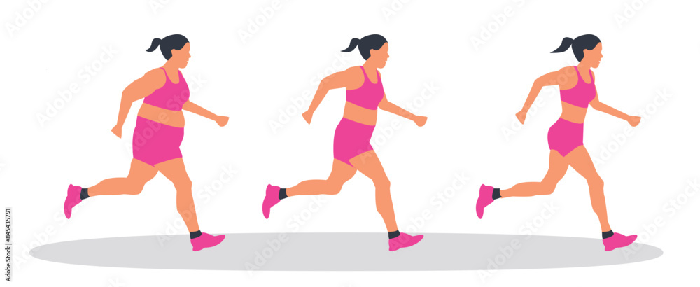 Illustration of a fat woman jogging to a slim shape.Three types of ...