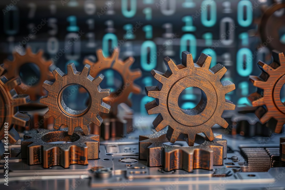 Close-up of industrial gears on a circuit board with binary code ...