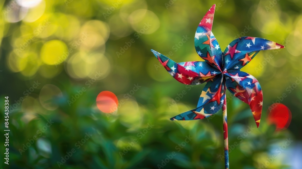 Colorful pinwheel with star patterns in garden setting Stock ...