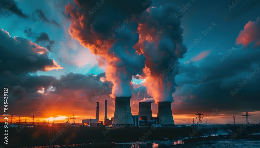 The photo shows a coal power plant at sunset. The plant is emitting smoke and pollutants into ...
