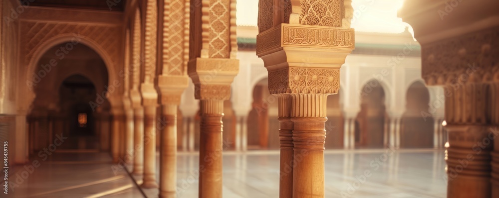 Columns in the mosque hall. Warm Glow over Islamic Hallway for Eid Al ...