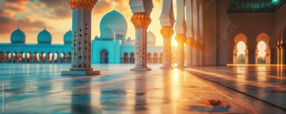 Columns in the mosque hall. Warm Glow over Islamic Hallway for Eid Al ...
