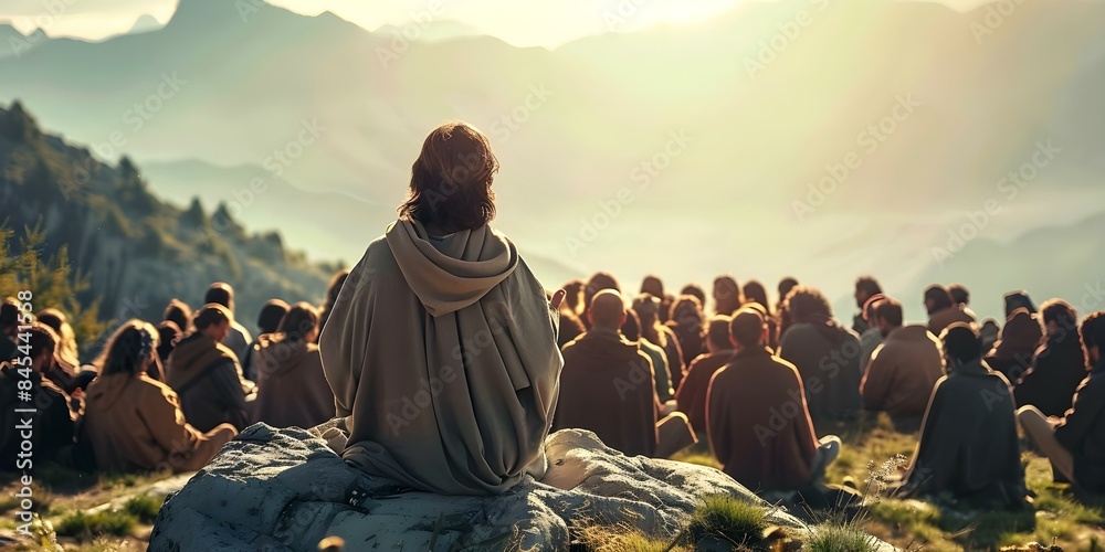 Jesus teaching on a mountaintop in the Sermon on the Mount. Concept ...