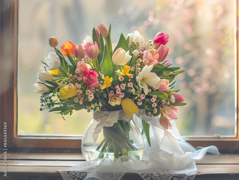 An elegant bouquet of white roses and lavender sprigs, artistically ...
