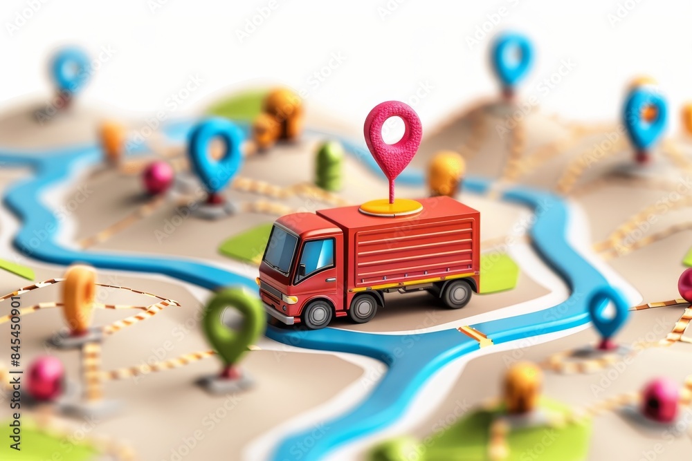 Colorful toy truck on a vibrant map with pin markers, representing ...