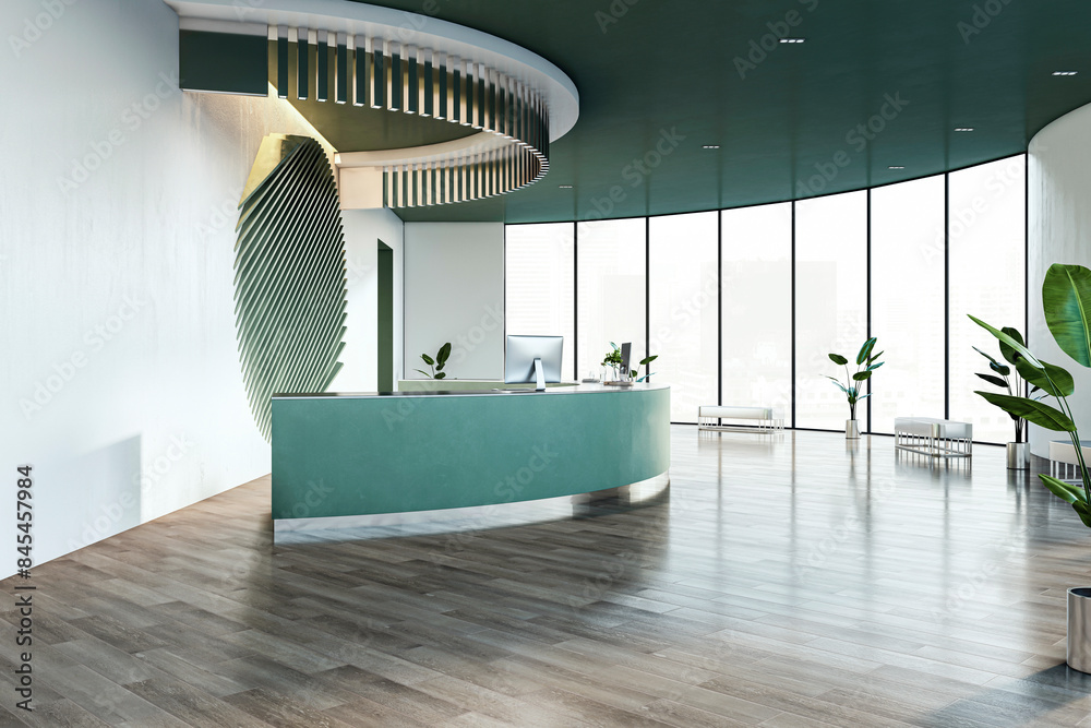 Modern office reception area with sleek design, large windows, and ...