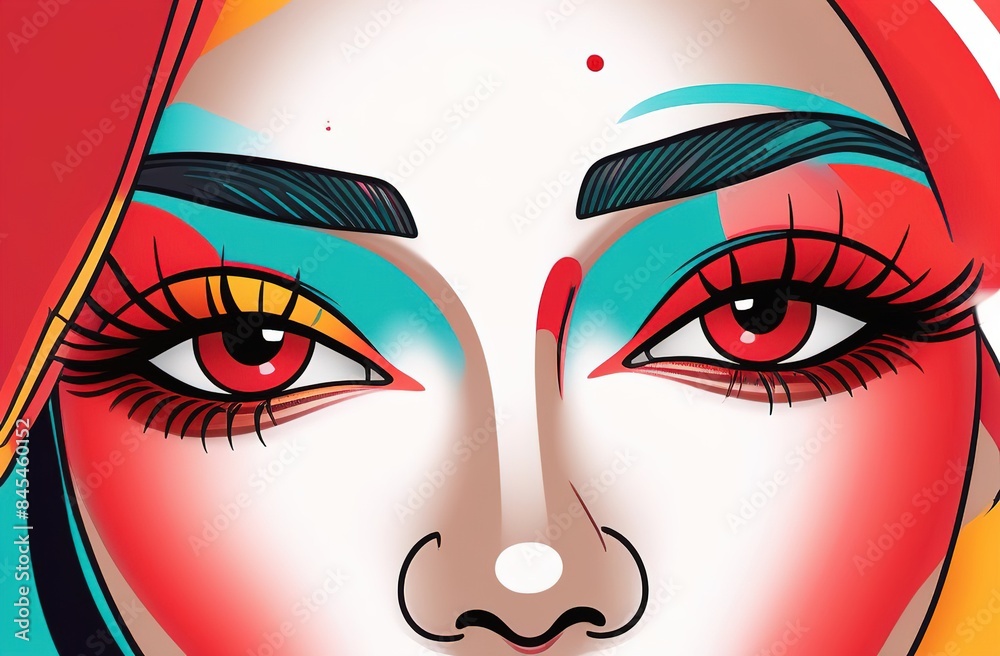 Pop art portrait of a girl with multi-colored strokes of paint under ...