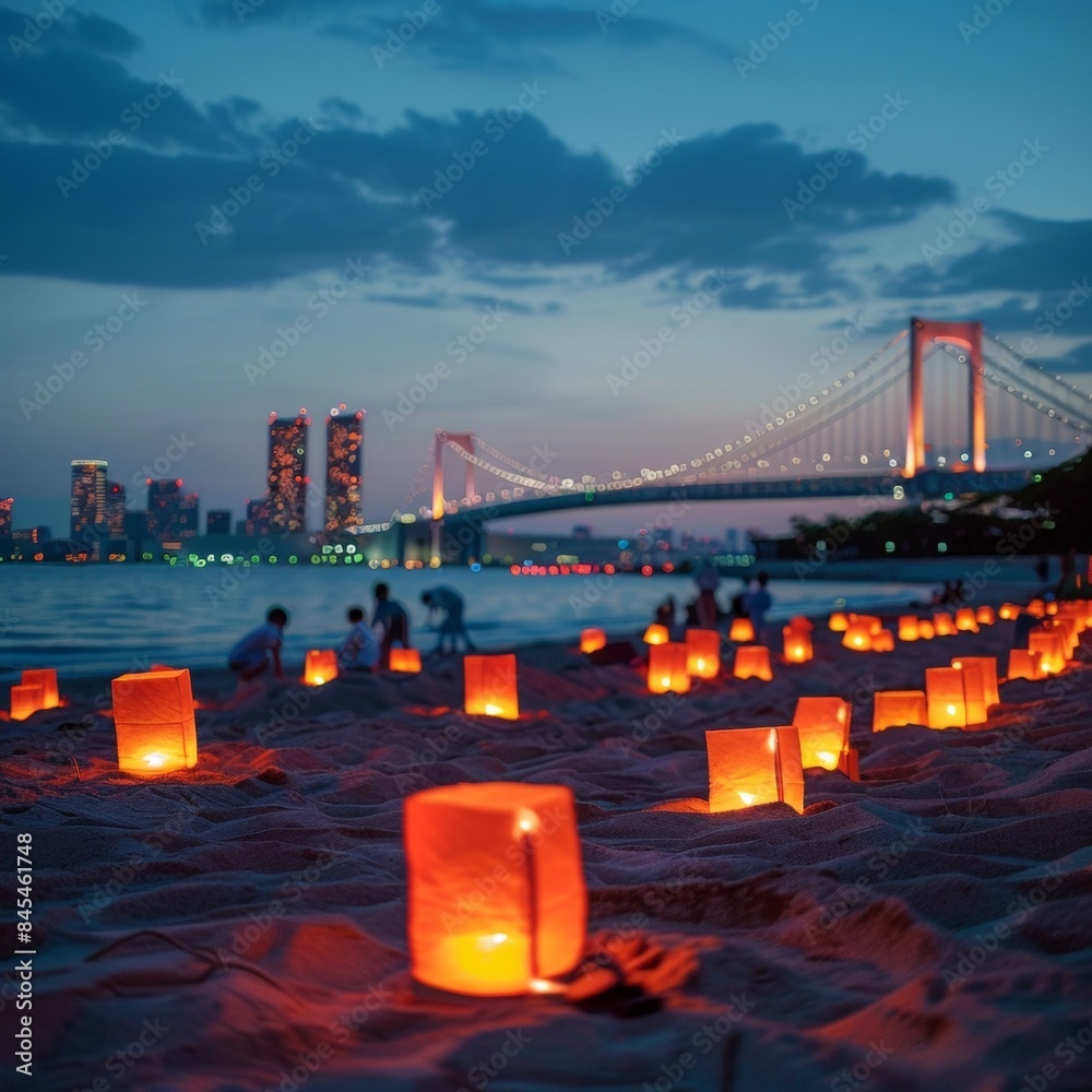 Calm dusk setting on a beach with glowing lanterns leading towards a ...