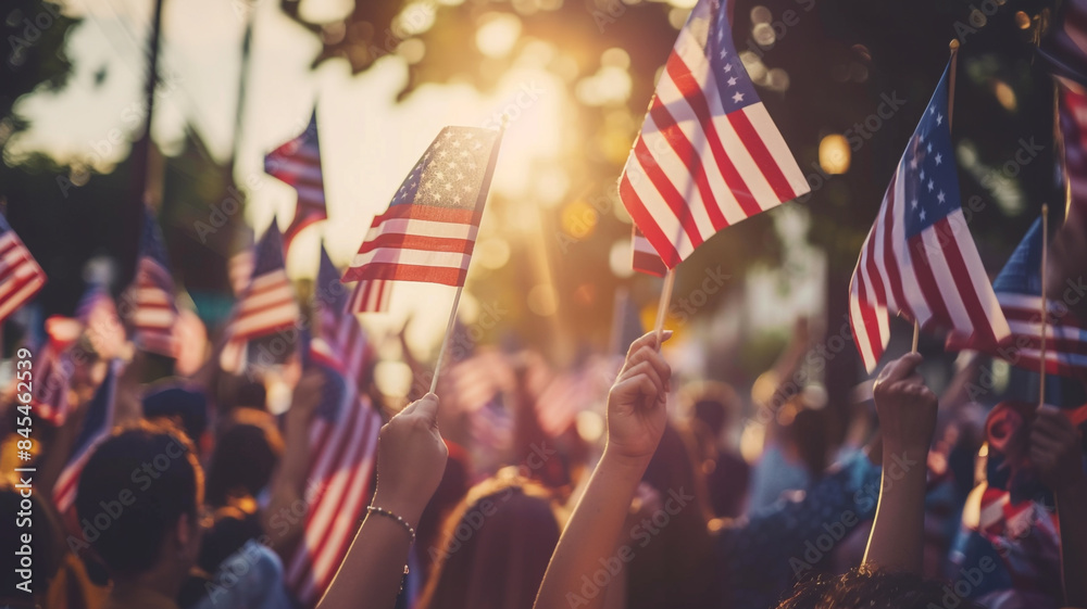 people waving American flags in celebration on the street Stock Photo ...