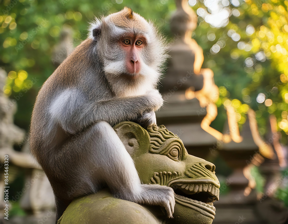 Macaque monkey playing on a buddist lion god statue in a temple ruins ...