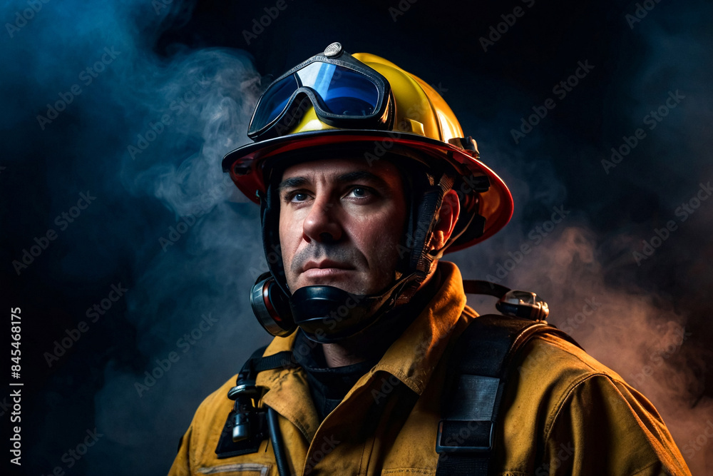 Portrait of confident fireman in firefighter uniform and helmet at dark ...