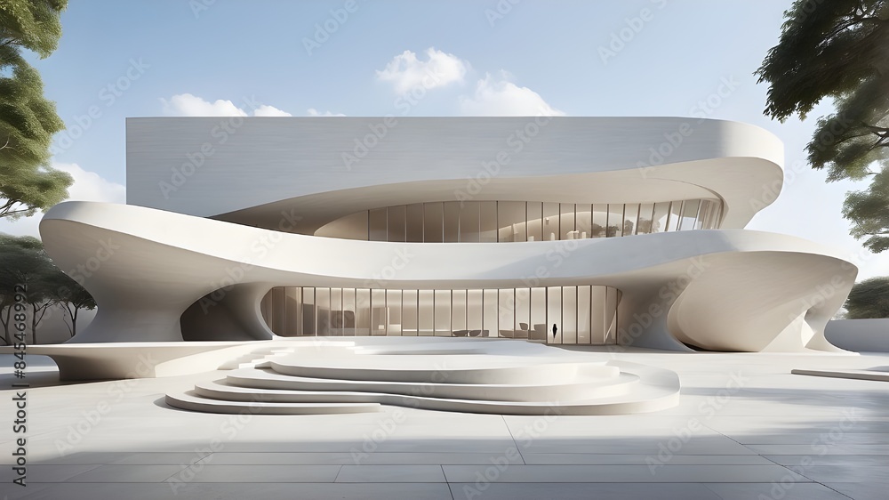 A simple concrete structure featuring curved walls, a white platform ...