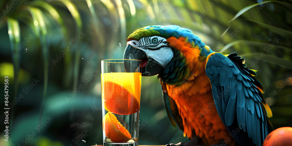 Red and yellow macaw with orange juice.An enchanting rainforest ...