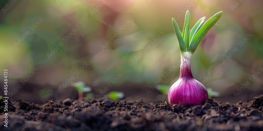 Natural Growth Process in Garden Onion Plant Sprouting in Soil. Concept ...