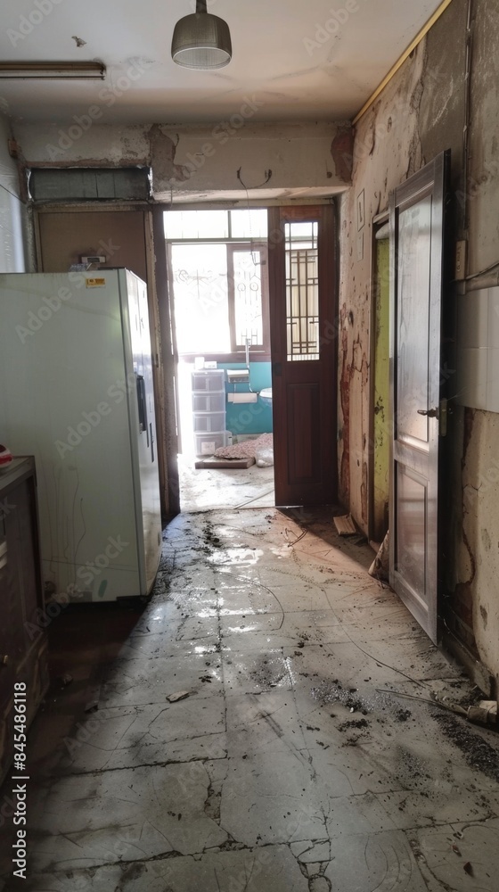 Dimly lit, dilapidated room with worn furniture and dust-covered relics ...