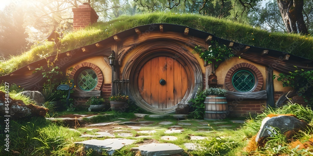 Enchanting hobbit house featuring a round doorway, circular windows ...