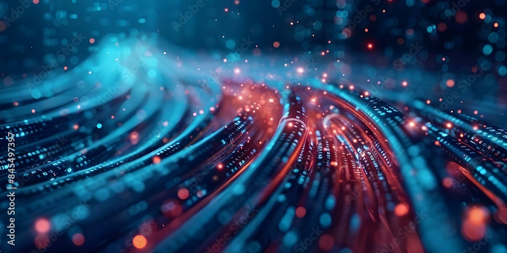 Symbolism of fast data transfer through fiber optic cable on blue ...