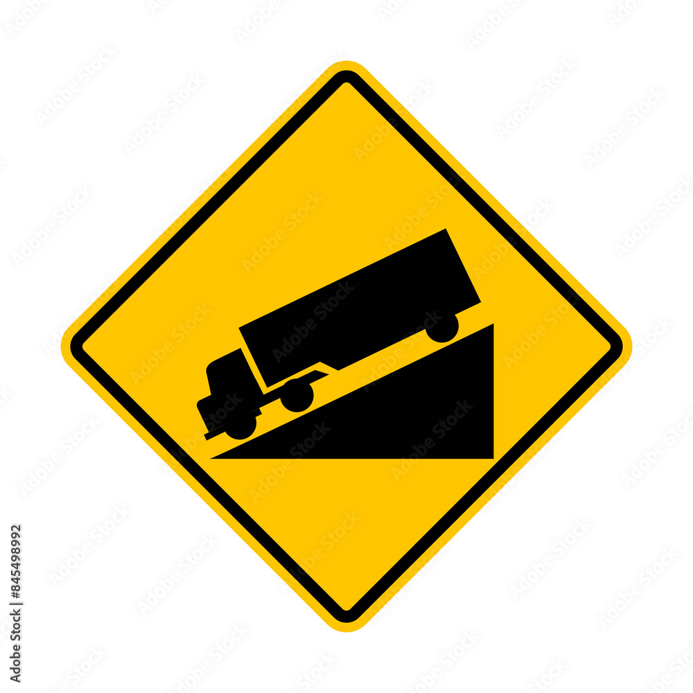 Sign steep descent. Warning yellow road diamond shaped sign. Dangerous ...