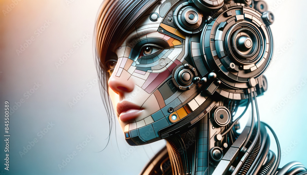 A futuristic female cyborg with intricate mechanical details and ...