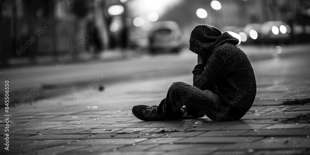Despondent young person sitting on the ground, overwhelmed by the ...