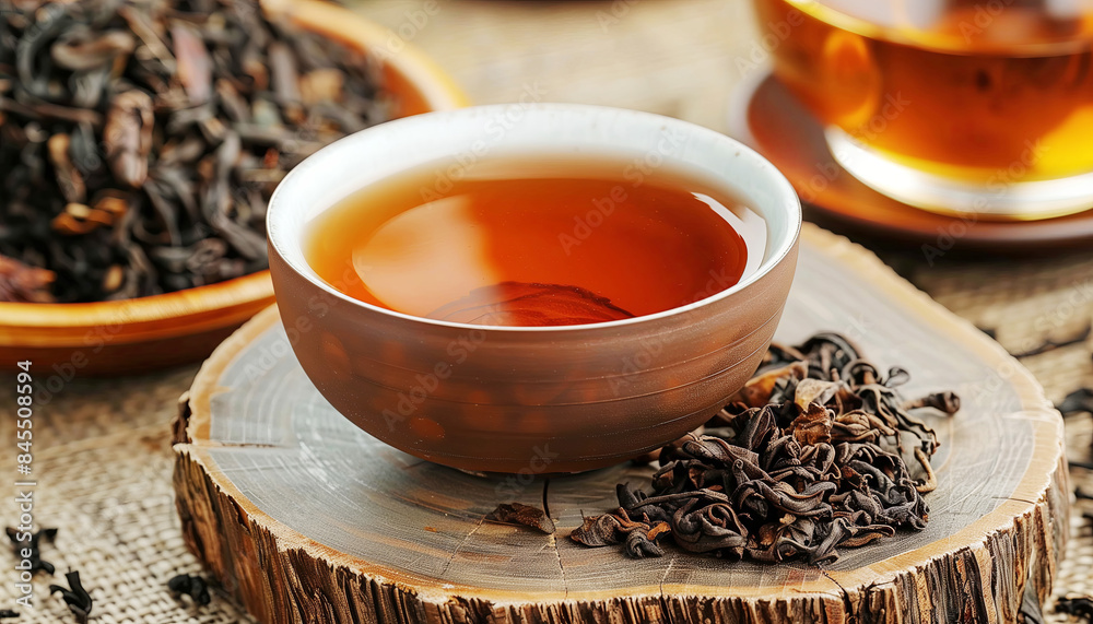 Beautiful still life featuring dry Chinese pu-erh tea and a hot cup of ...