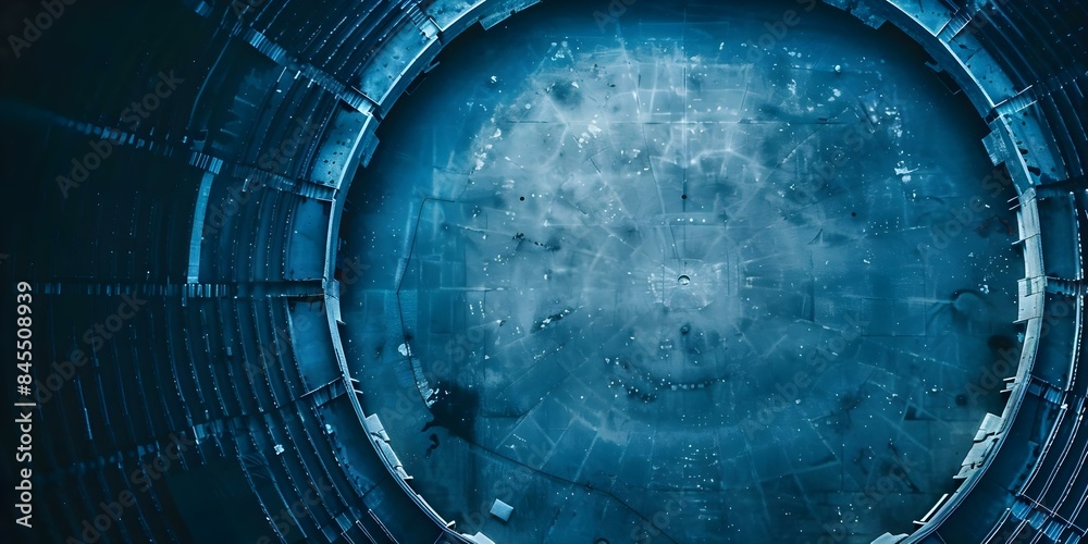 Aerial view of empty round sports arena with multiple levels of stands ...