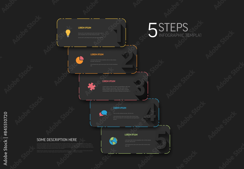 Five dark gray solid step blocks with big numbers in the corner ...