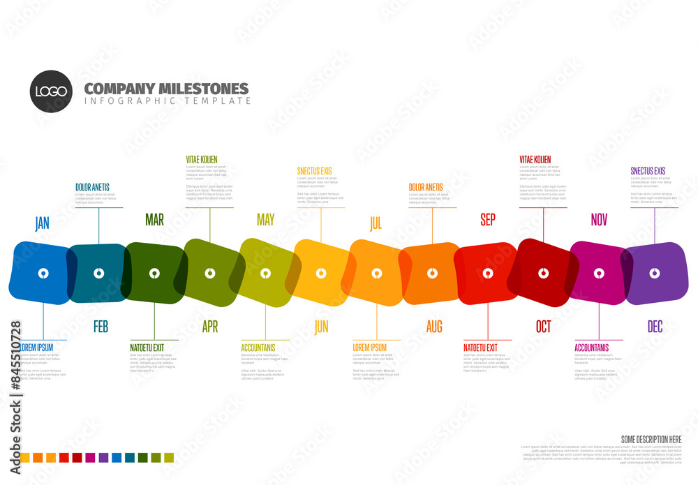 Full year timeline template with month names and rainbow color blocks ...