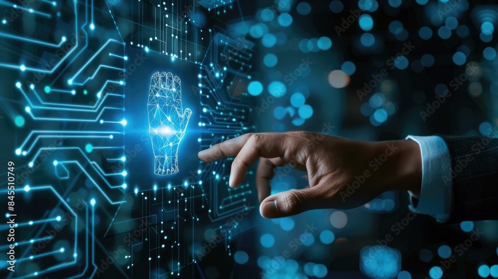 Artificial intelligence and Automated machine learning language blue digital user interface with ...