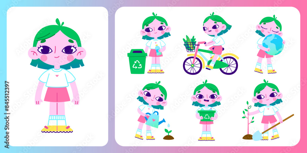 Cartoon eco friendly mascot. Cute girl ecological character activity ...