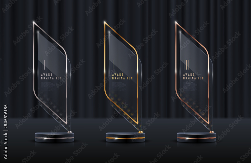 Set of glass award trophy. Transparent prize template. Winner first ...