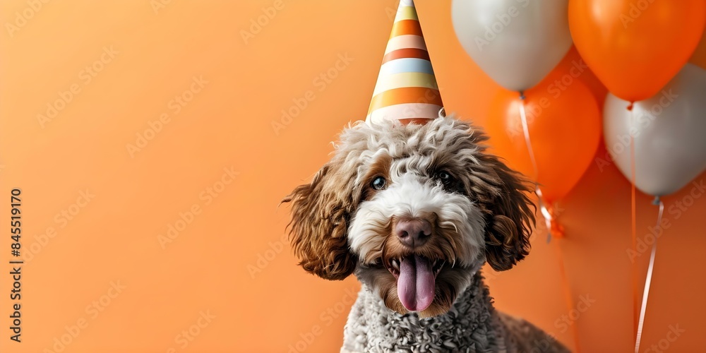 Labradoodle wearing a party hat and sticking out its tongue ...