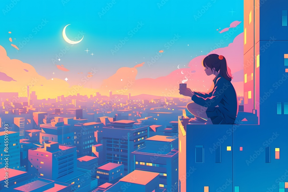 Urban Sunset Serenity: Anime Girl on Building Rooftop. Anime girl ...