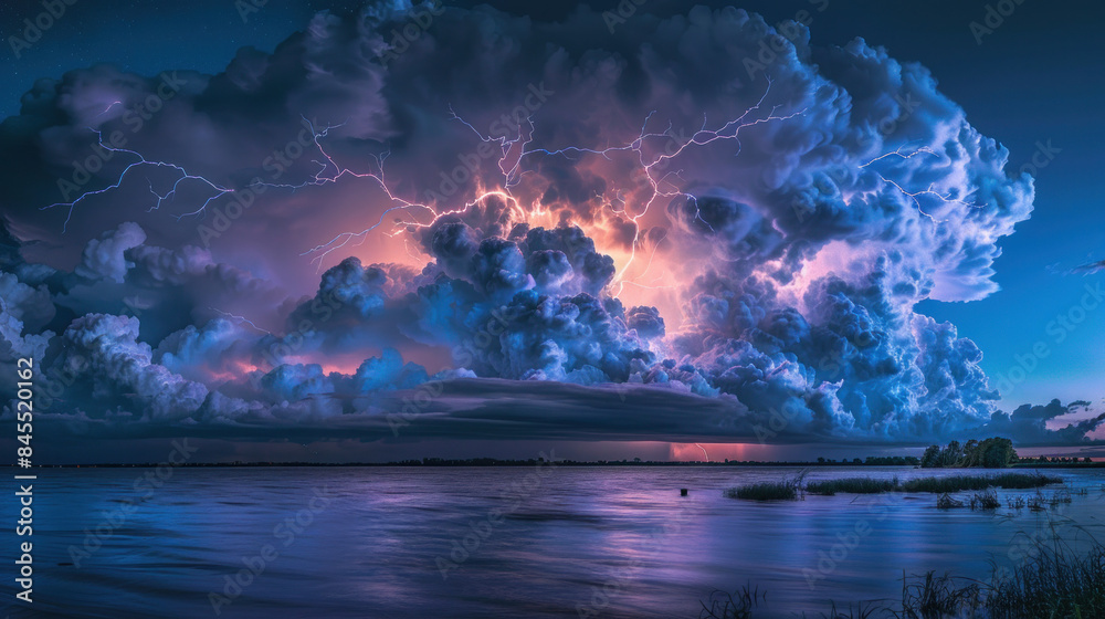 Dark clouds with fierce lightning fill the sky. This panoramic view ...